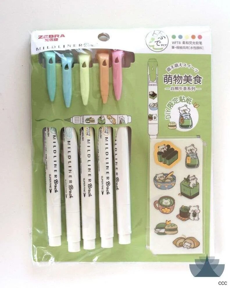 Маркер Zebra Mildliner Brush, набор 5 шт, двусторонний (кисть и тонкий наконечник), пастельные тона — фото 1
