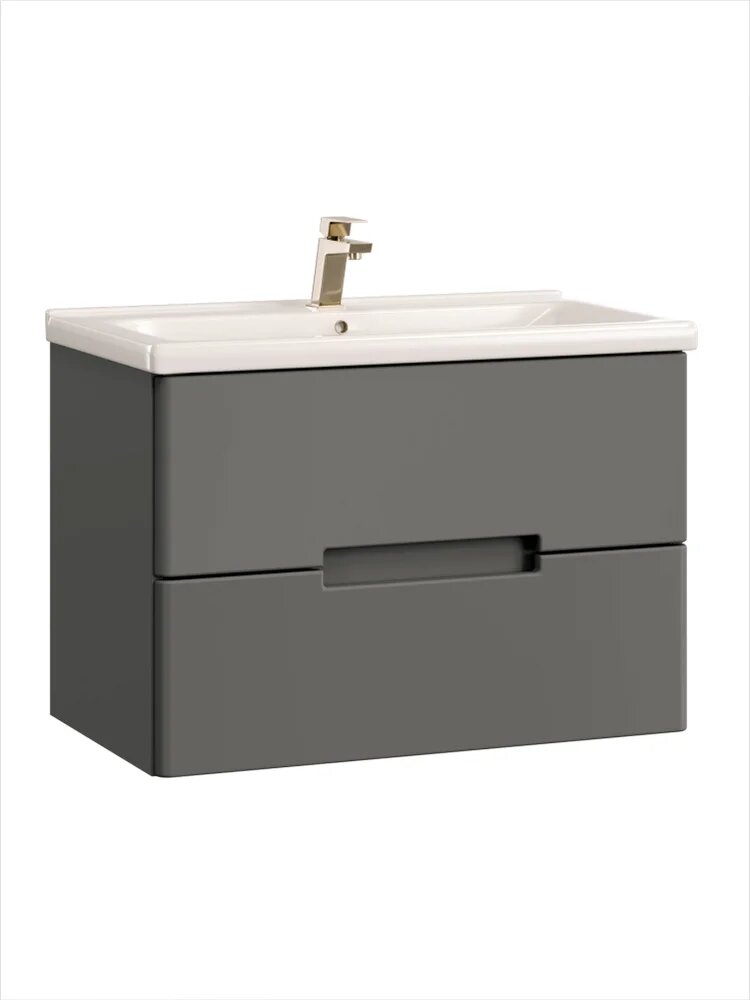 Тумба с раковиной SanStar Noche 80 подвесная, 80, 5 см, серая, черная, матовая, из МДФ, с ящиками, раковина для ванной, фарфоровая, прямоугольная