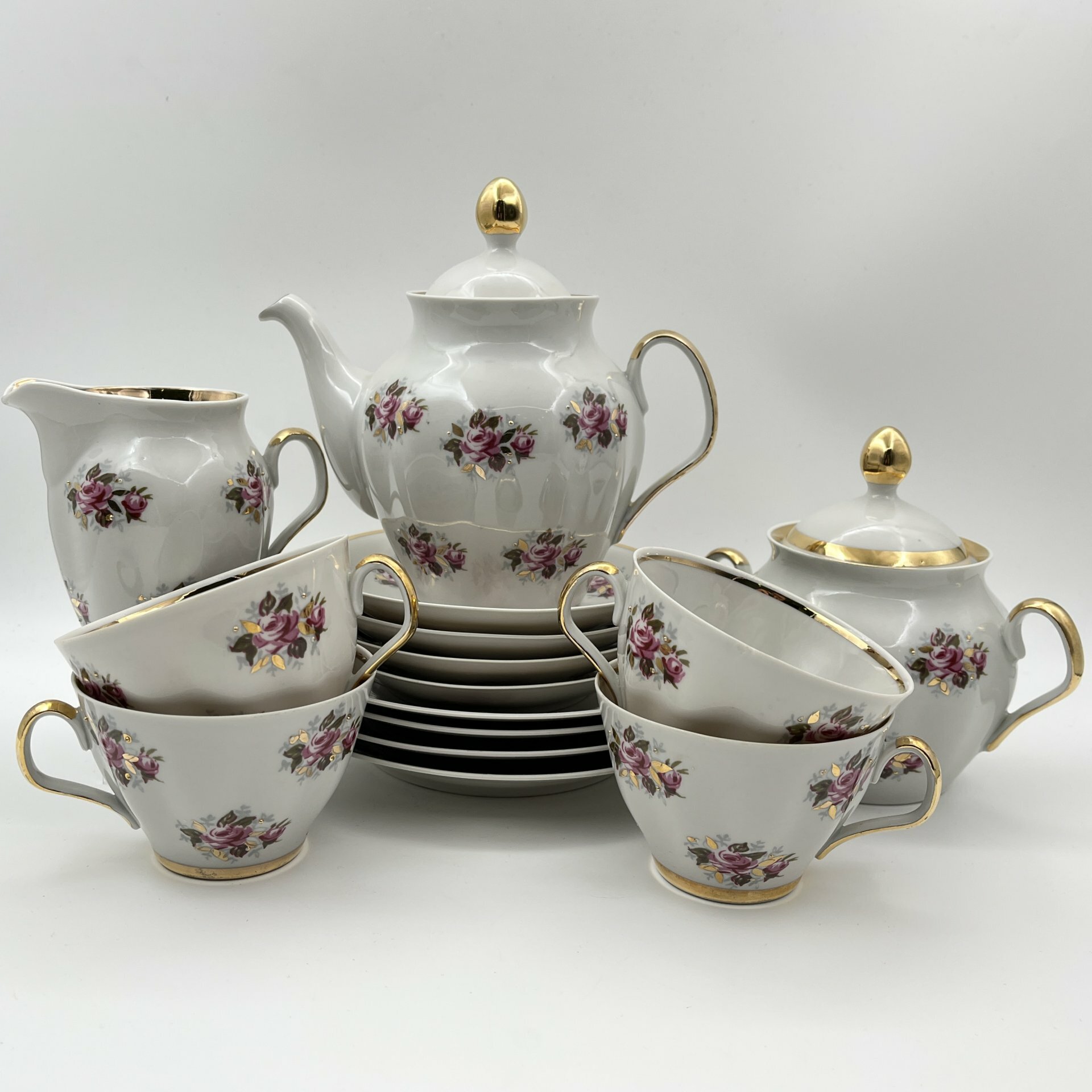 Сервиз кофейный с цветочным декором на 4 персоны (15 предметов), фарфор, деколь