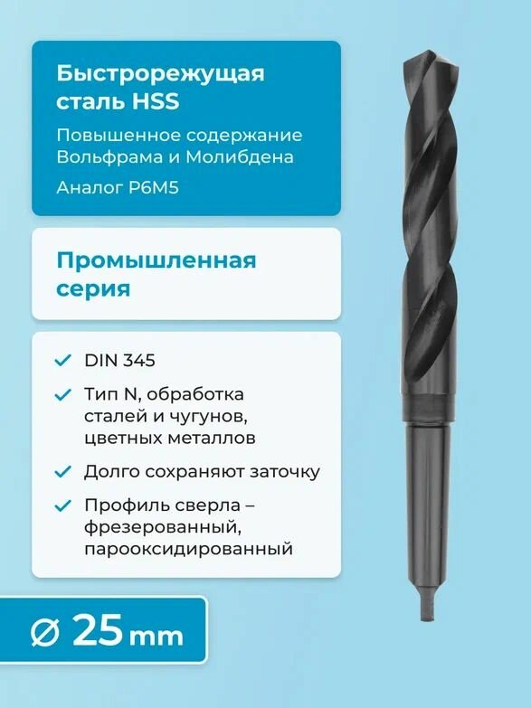 Сверло по металлу 25 мм NORGAU Industrial спиральное HSS фрезерованное с хвостовиком-конус Морзе, правое, DIN 345