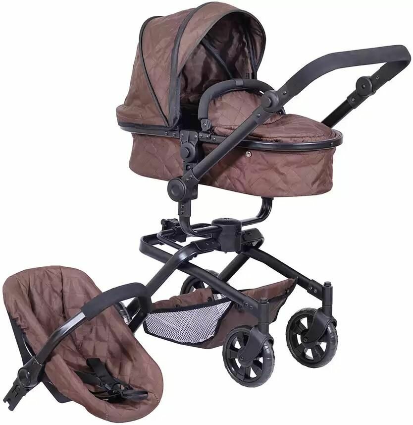 Коляска для кукол КНР 3в1, трансформер, прорезиненные колеса, люлька