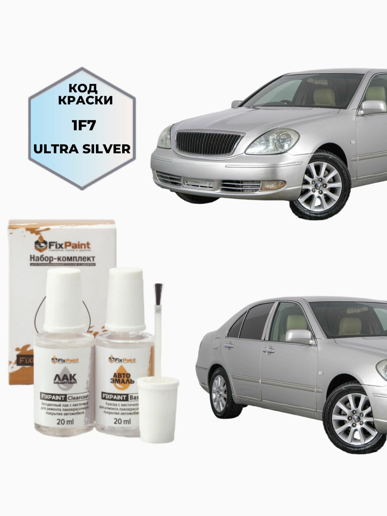 Подкраска TOYOTA BREVIS, код 1F7, ULTRA SILVER, набор FixPaint Double, краска и лак для подкраски сколов и царапин
