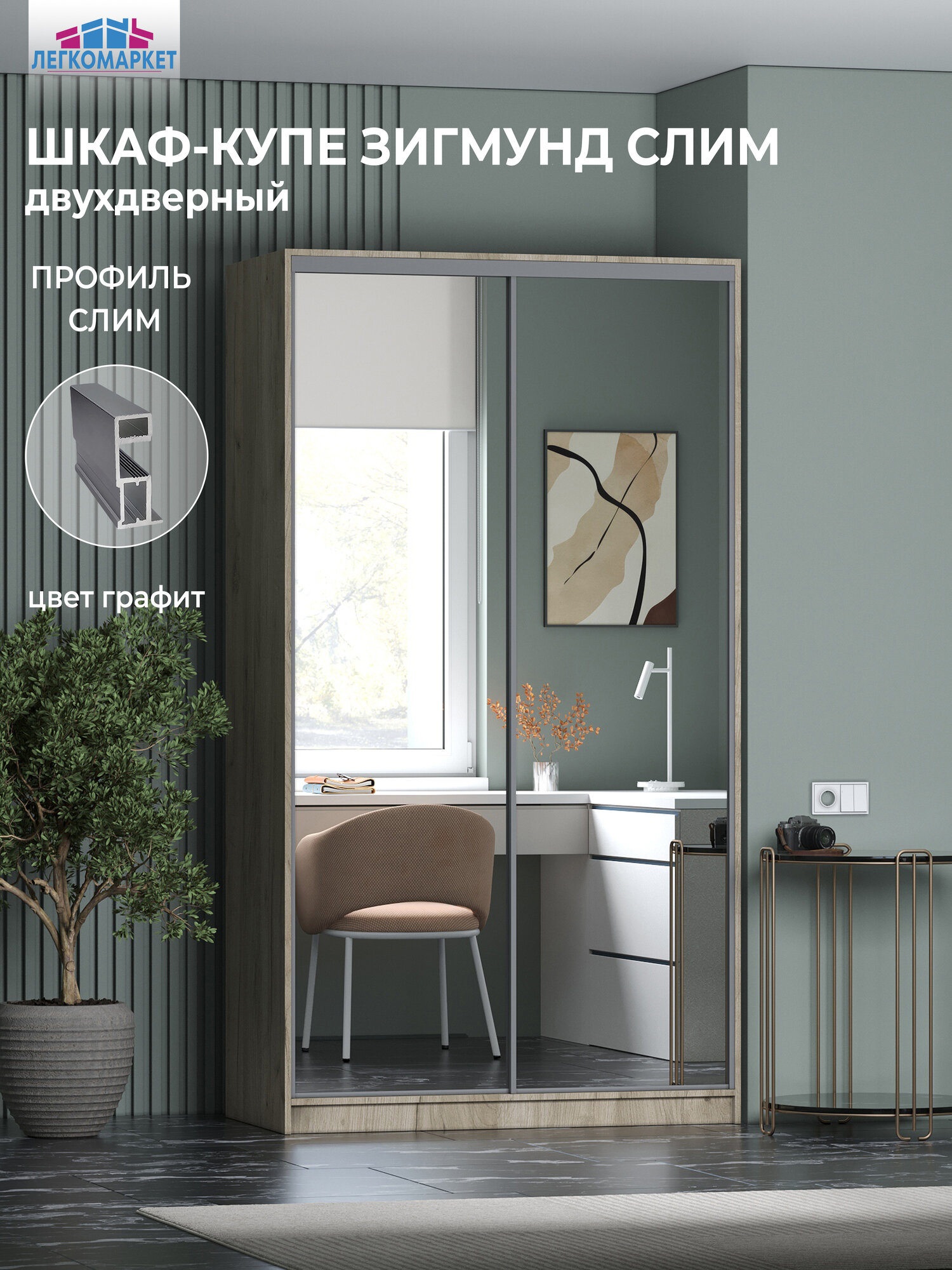 Шкаф-купе Зигмунд Слим 2 100-45-220, цвет дуб крафт серый, профиль графит, наполнение платье