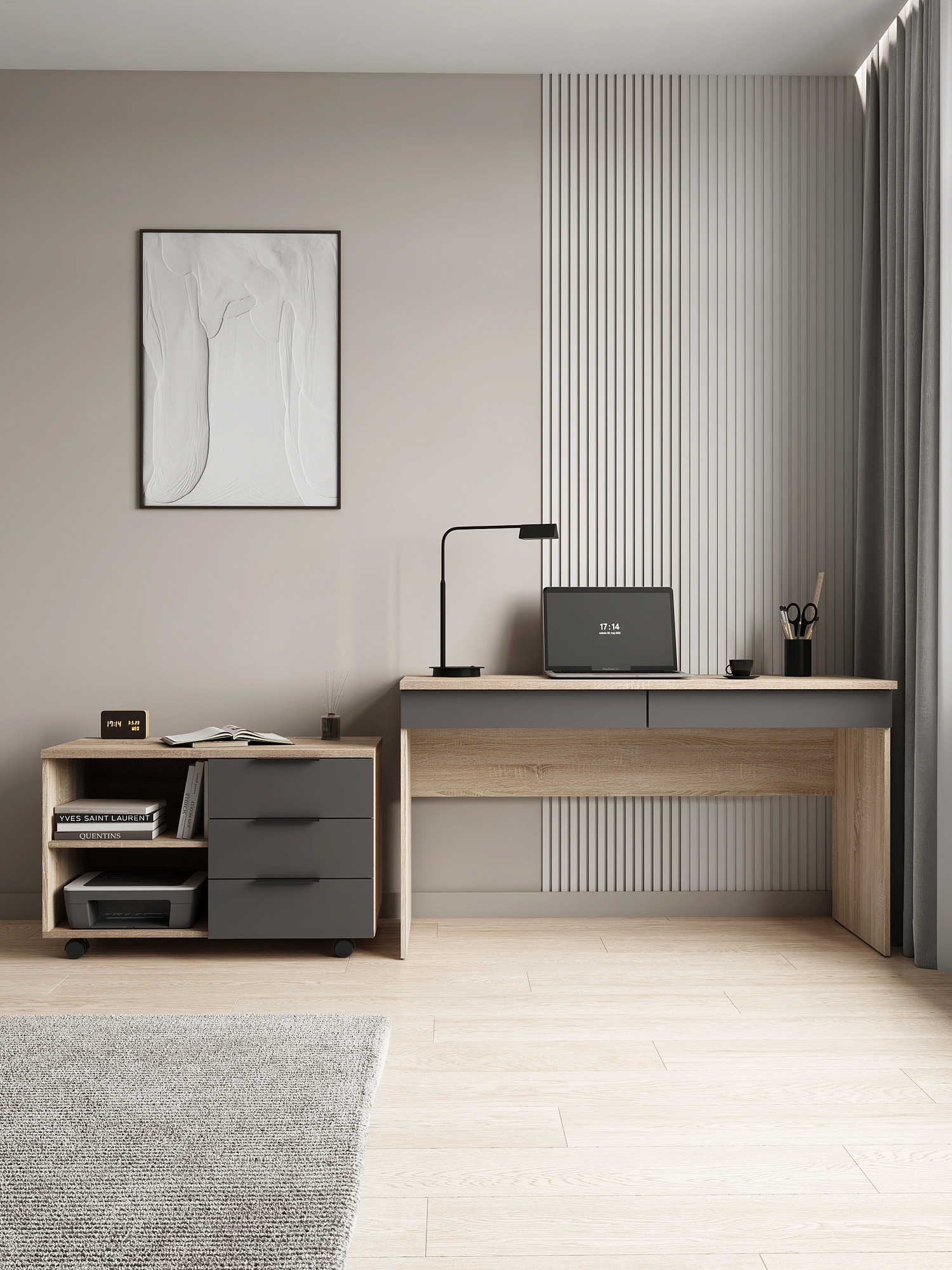 Стол A-A MEBEL Оксфорд письменный компьютерный с ящиками и тумбой на колесиках с ящиками и полками дуб сонома/графит/серый ЛДСП 135*60*75 см