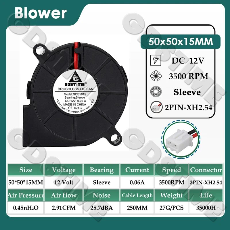 Gdstime 5015 вентилятор для 3D принтера 1Pc 5015 Blower, 12V Sleeve 2PIN