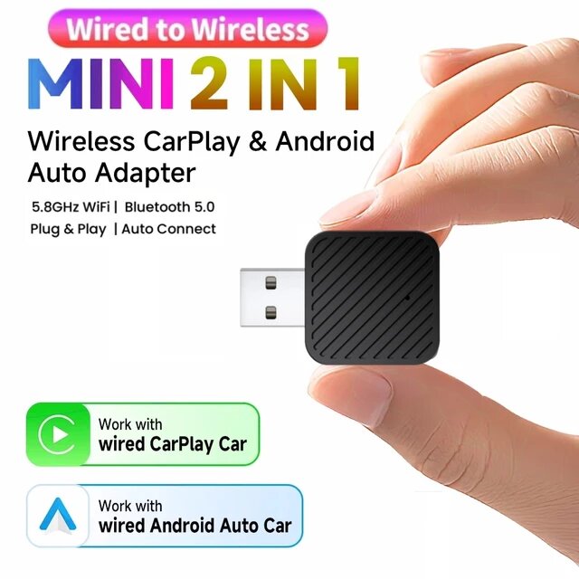 Универсальный мини-адаптер AI Box 2-в-1, проводной, совместимый с CarPlay и Android Auto (99% моделей автомобилей), подключаемый по принципу Plug-and-Play, интеллектуальный Wi-Fi адаптер.
