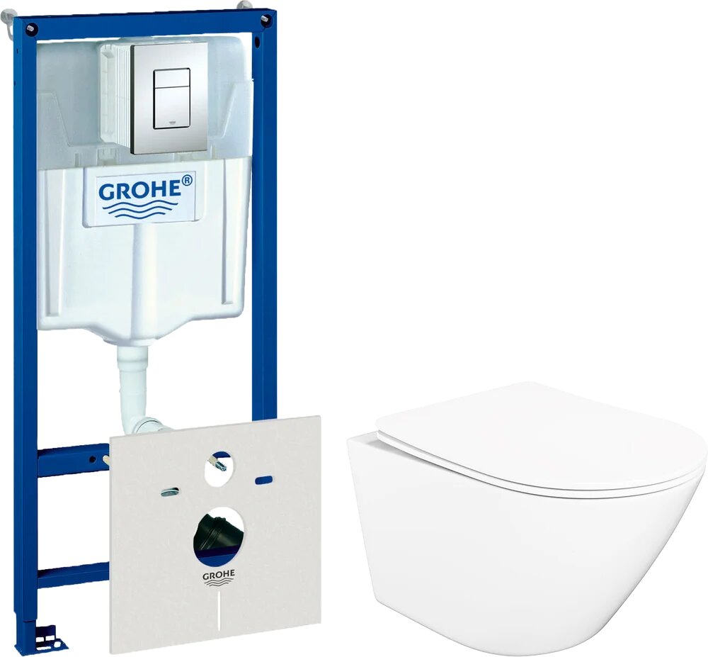 Комплект 5 в 1 Унитаз подвесной STWORKI Левангер S07401WH, безободковый, смыв Торнадо, с микролифтом, антивсплеск / Инсталляция с кнопкой Grohe Rapid SL 38775001 цвет хром / Комплект шумоизоляции