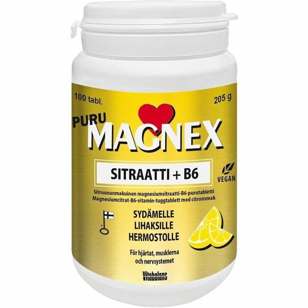 Magnex sitraatti + B6 Puru/ Цитрат Магния + витамин B6, 100 жевательных таблеток со вкусом лимона (Финляндия)