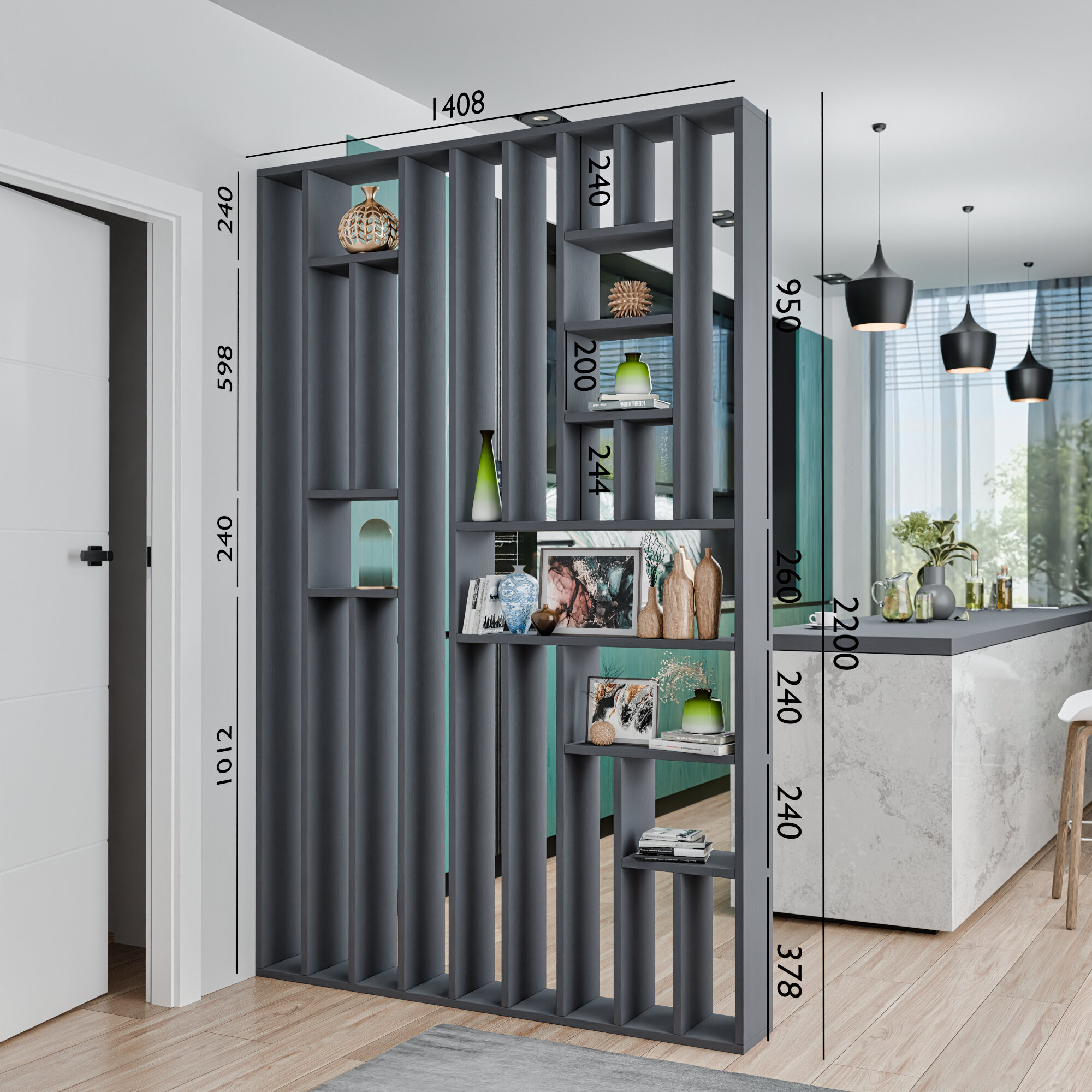 Реечная перегородка для зонирования пространства 1408 мм, Графит, ЛДСП