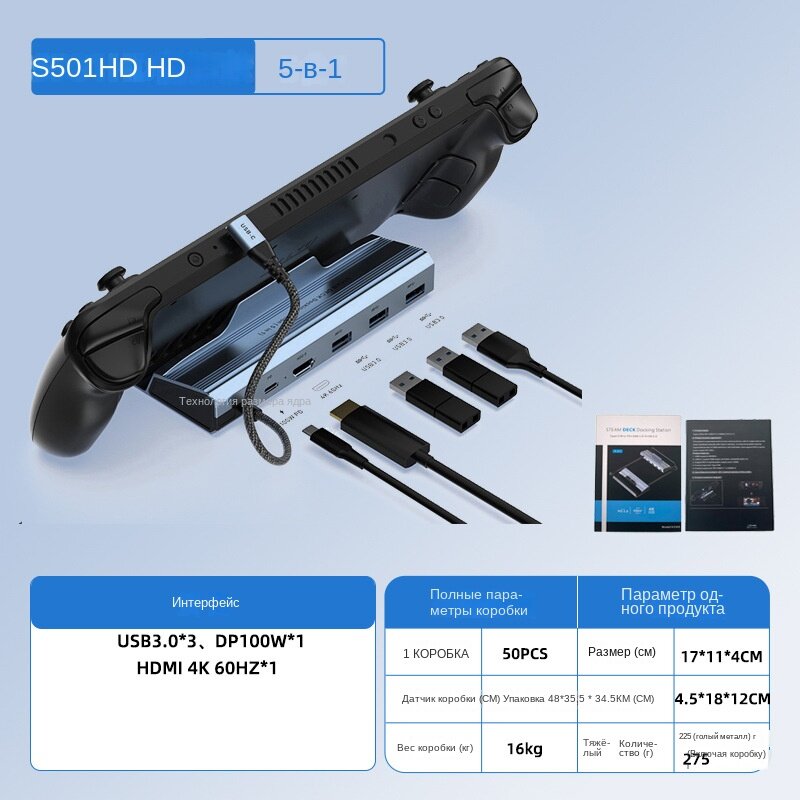 Док-станция для Steam Deck и Switch с вентилятором, Gigabit LAN, HDMI, DP, VGA, USB 3.0, PD 100W, хаб Type-C