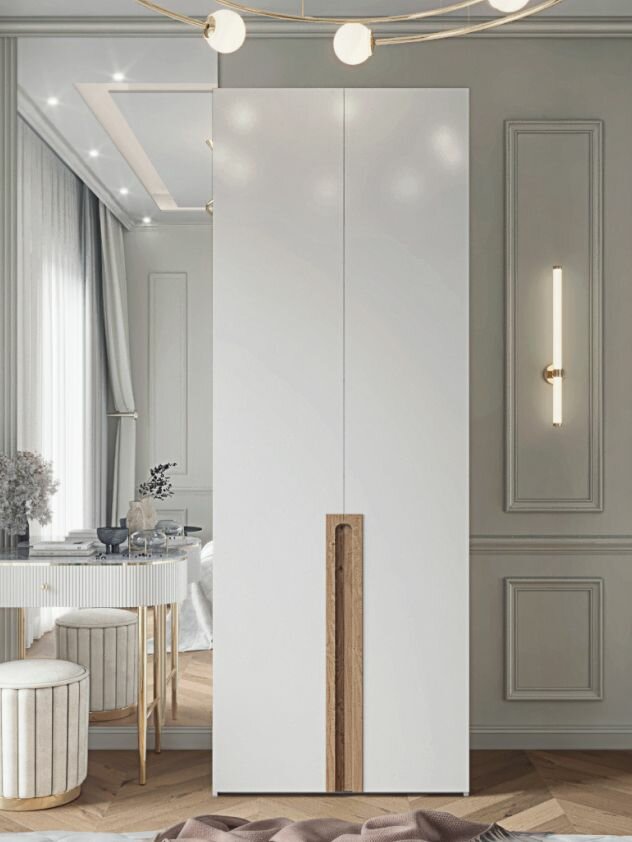 Casa Mia 90x60x210 см. Дизайнерский шкаф в детскую комнату распашной с ящиками и штангой, 2-дверный , белый, ручка из массива дуба