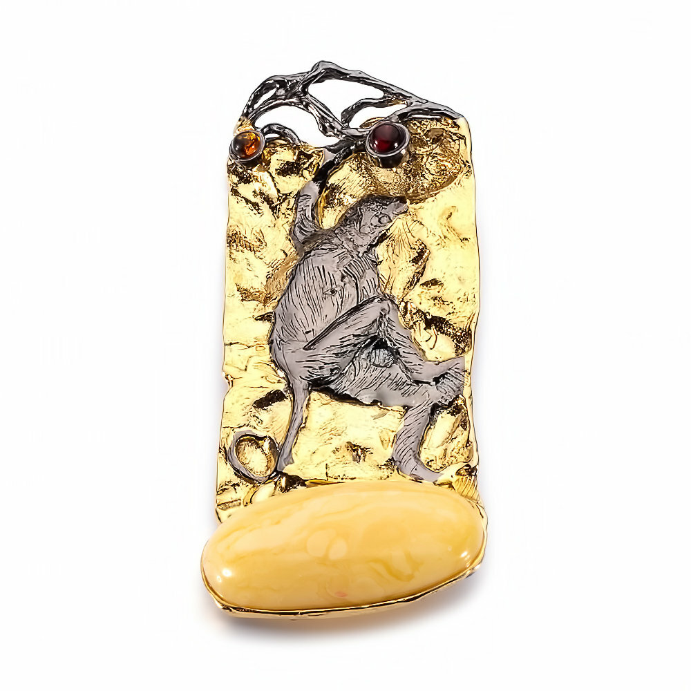 Брошь Amberprofi, серебро, 925 проба, родирование, янтарь