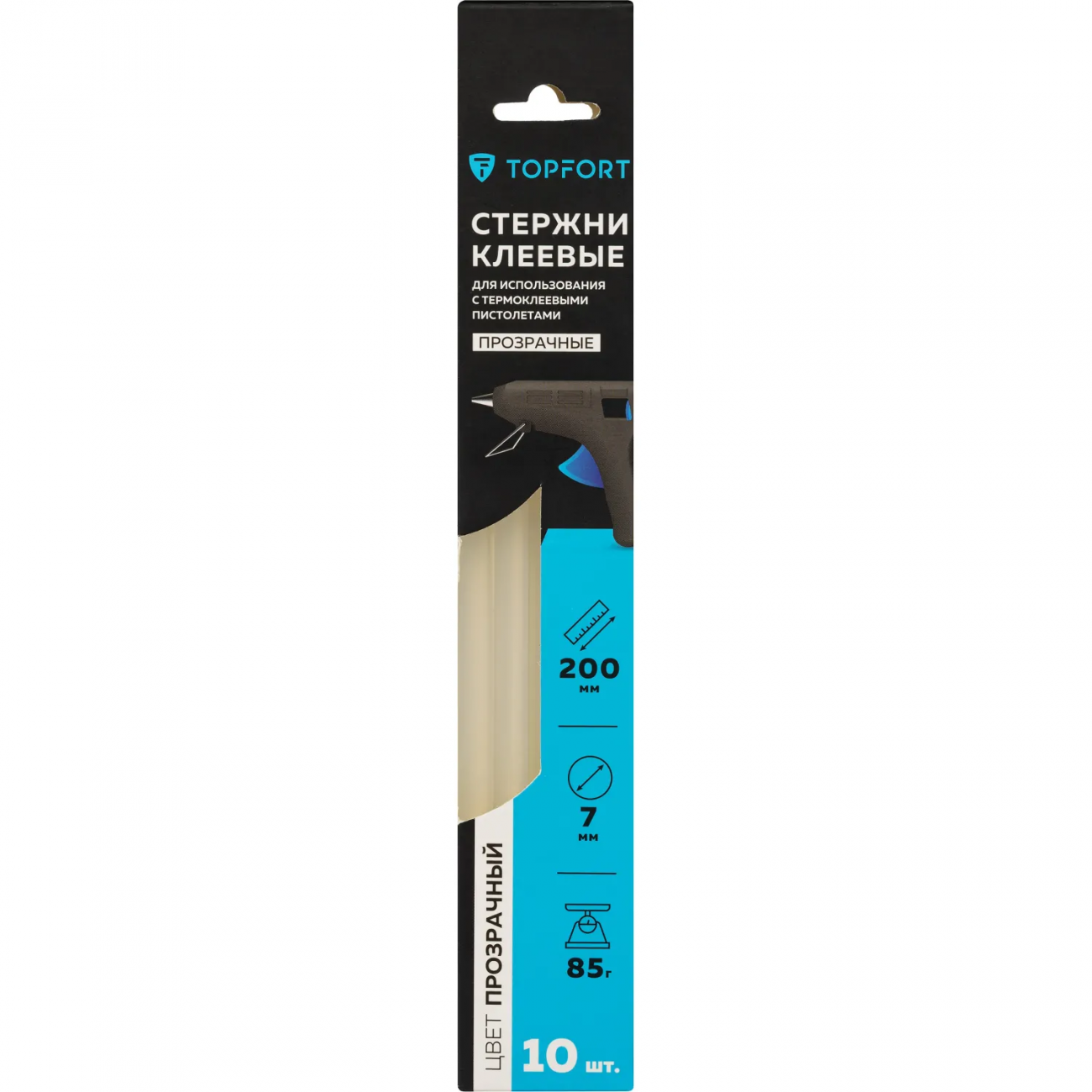 Стержни клеевые прозрачные 7x200, упаковка 10 штук, Topfort 2128936