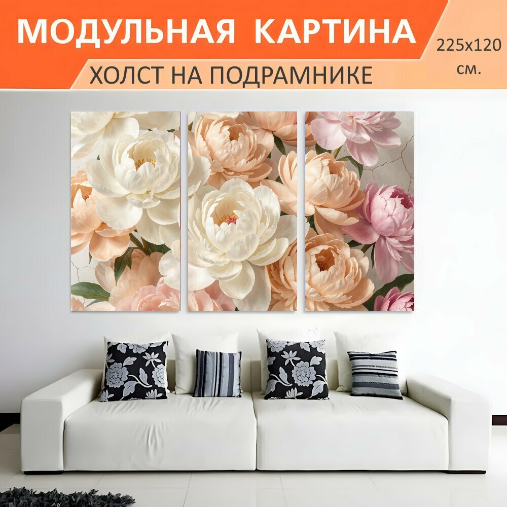 Модульная картина на холсте "Нежные пионы пастельных оттенков. Роскошная цветочная композиция в мягкой пастельной гамме: крупные." триптих на подрамнике 225х120 см. для интерьера