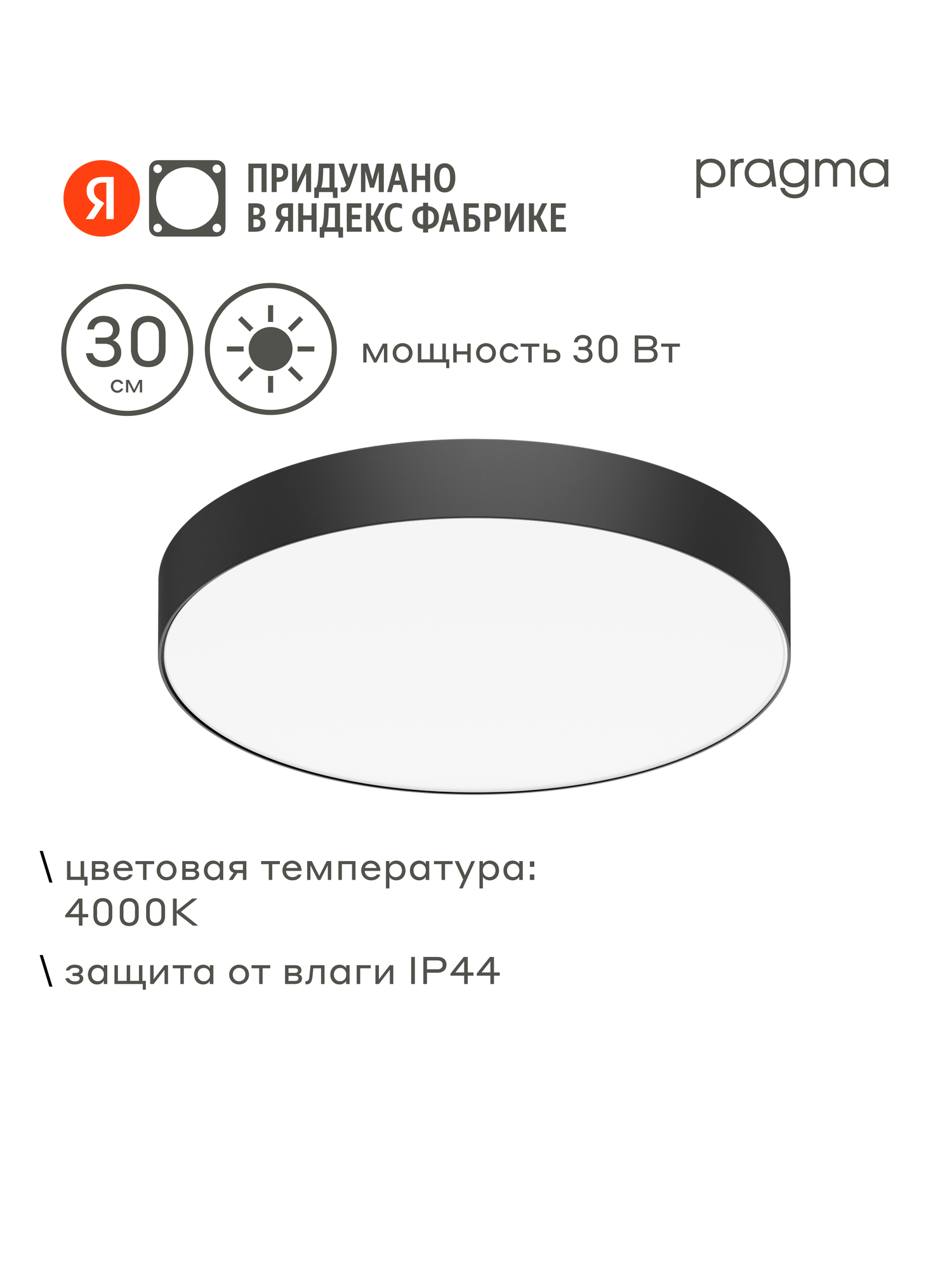Pragma Tinsu Светильник потолочный светодиодный, 30 Вт, круглый, 300 мм, IP44, чёрный, нейтральный свет, 4000K