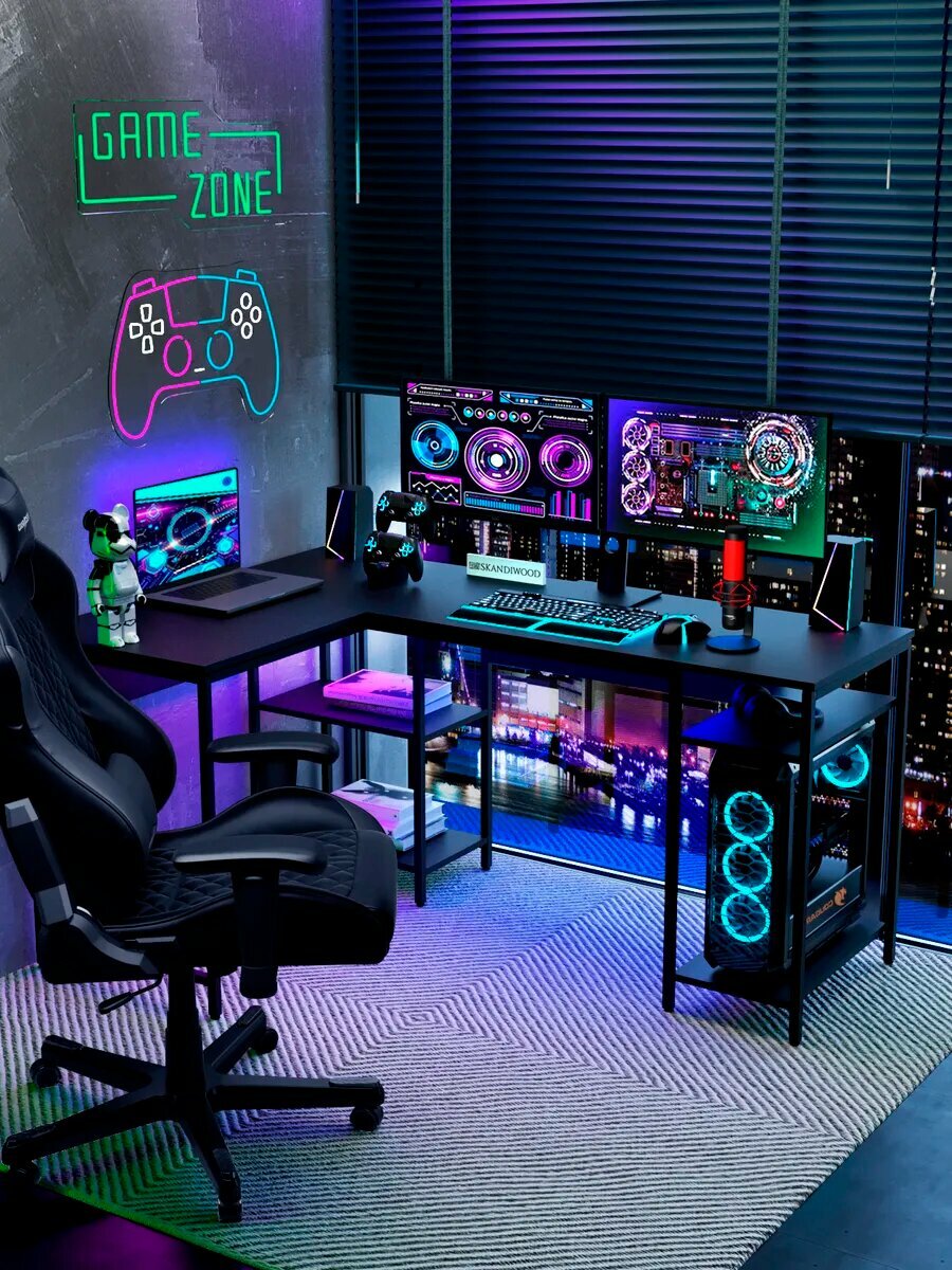 Игровой стол компьютерный с полками большой письменный геймерский для школьника