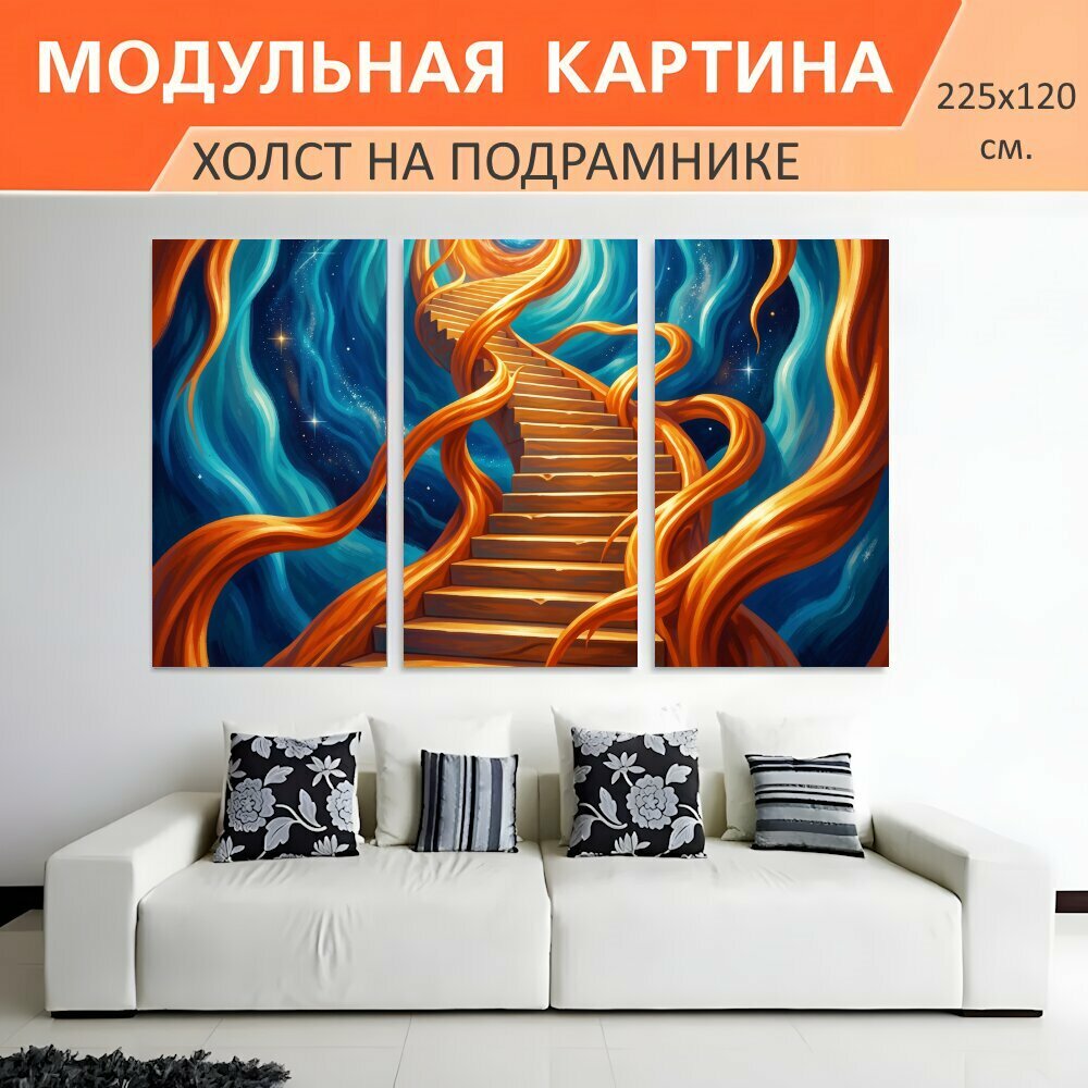 Модульная картина на холсте "Лестница в космический портал. Фантазийная спиральная композиция с деревянными ступенями, уходящими в." триптих на подрамнике 225х120 см. для интерьера