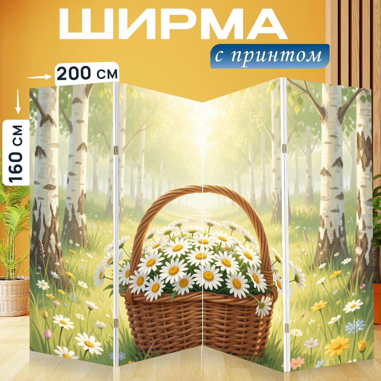 Ширма "Корзина ромашек в берёзовой роще. Плетёная корзина с белыми полевыми цветами на солнечной лесной." перегородка для зонирования комнаты с принтом 200x160 см. на холсте