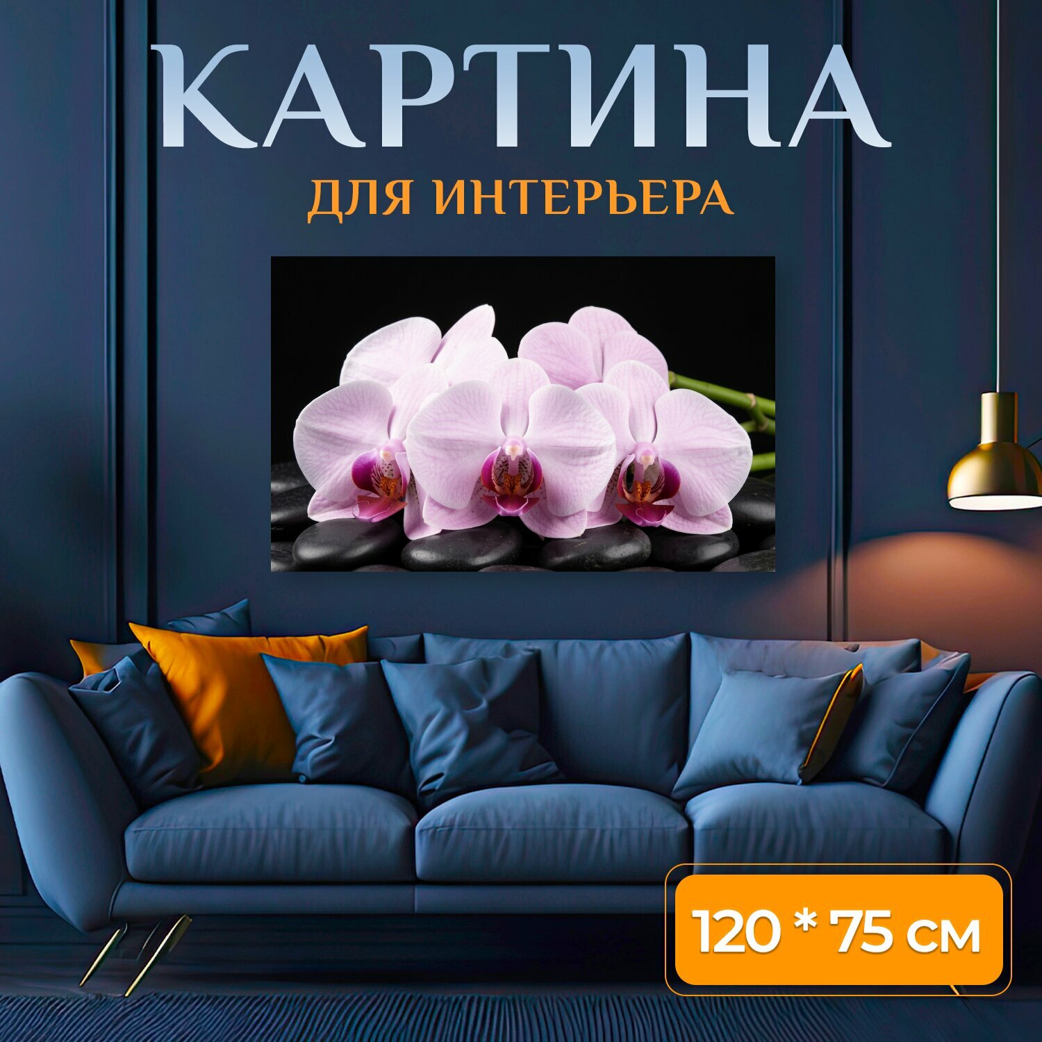 Картина на холсте "Нежные орхидеи на черных камнях. Элегантная композиция с розово-белыми цветами на гладких темных камнях, минималистичный." на подрамнике 120х75 см. для интерьера
