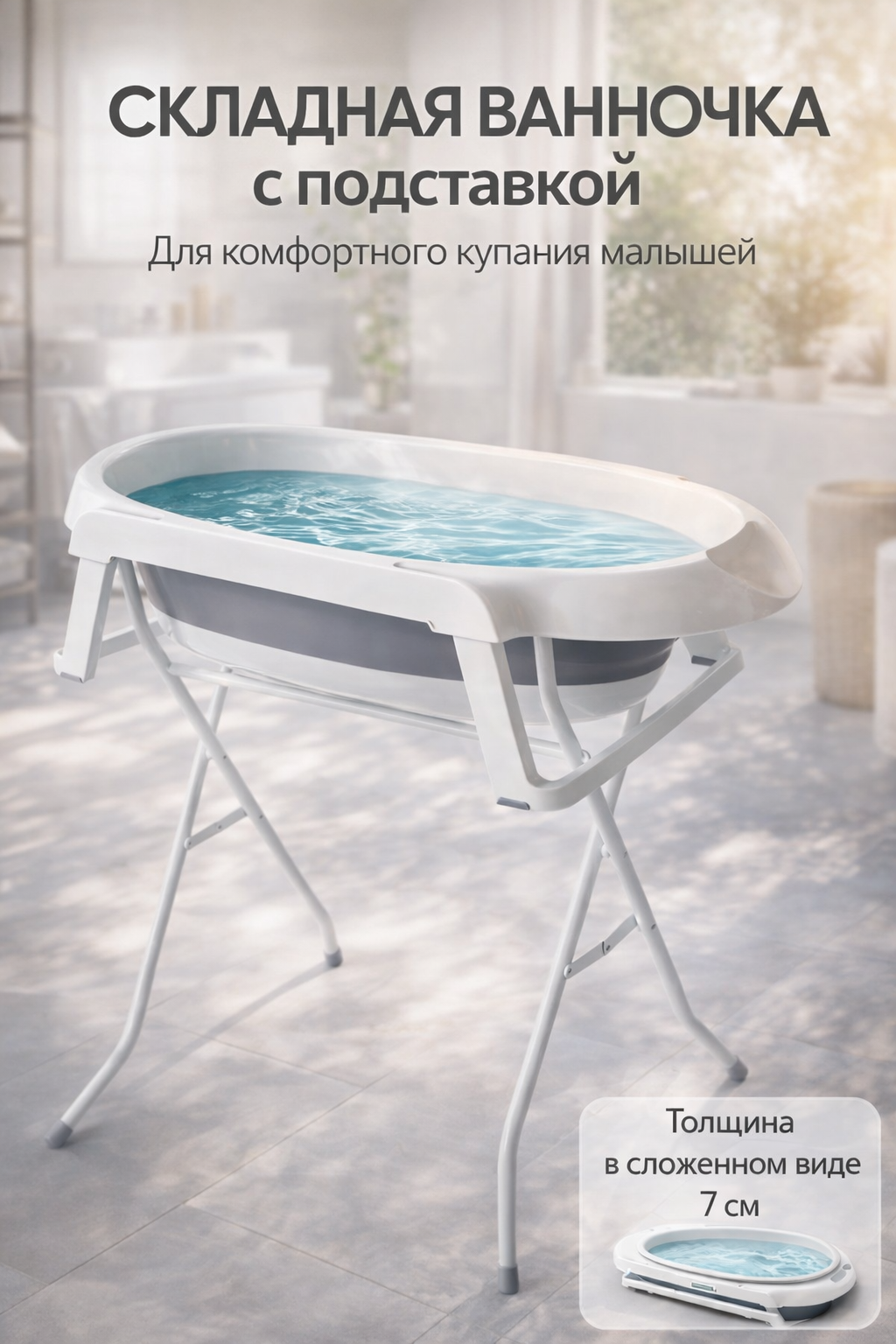 Ванночка детская "Norve" для купания новорожденных и малышей складная с подставкой и сливом 87×46см + ковшик в подарок