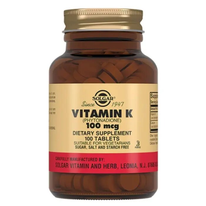 Таблетки SOLGAR Витаним К, для формирование прочных костей и профилактика остеопороза 100 таблеток