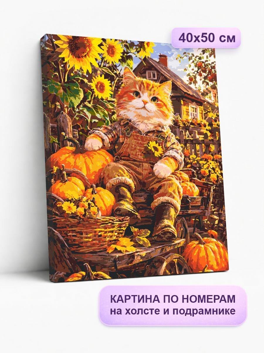 Картина по номерам на холсте с подрамником 40х50 см. Природа, животные, рыбы, птицы. Кот, кошка, котенок. "Кот с урожаем", арт. 8719/