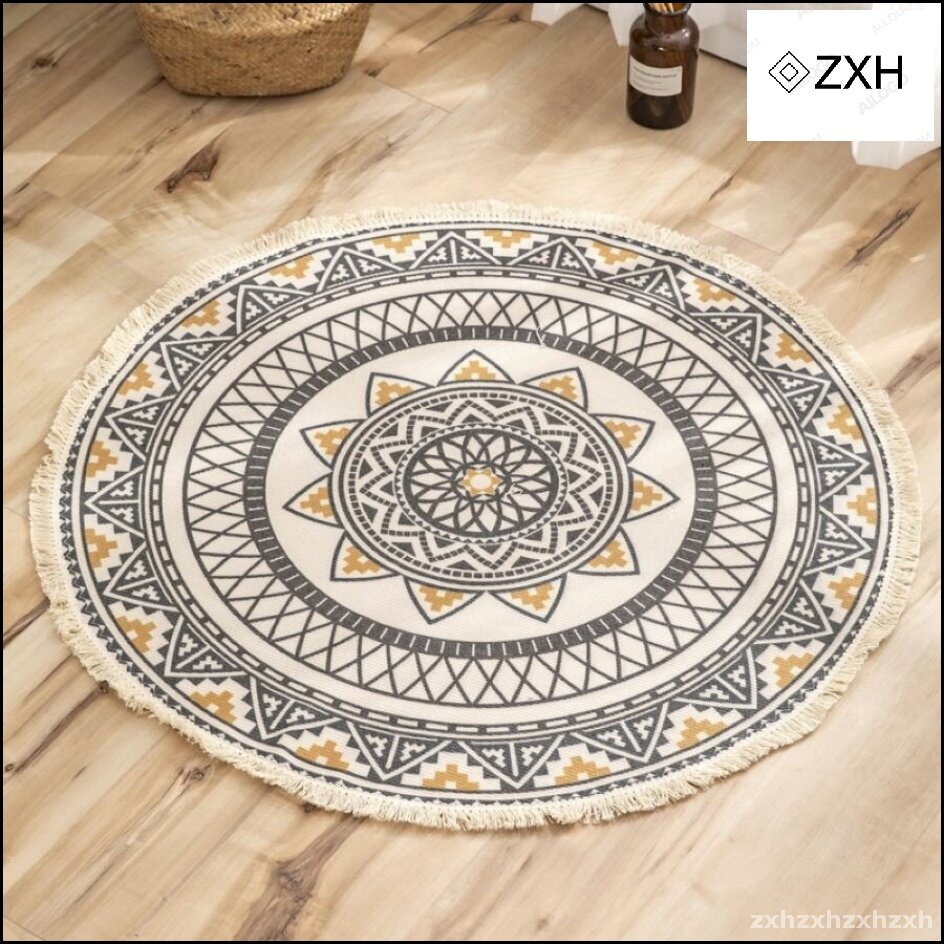 Коврик для пола круглый с кисточками, красный в стиле Дия, диаметр 120 см, материал: полиэстер, лен, хлопок.