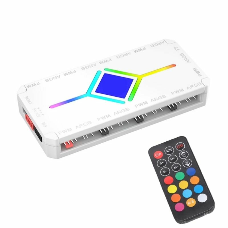 (1 набор) Контроллер-разветвитель на 9 портов для ARGB (5V, 3-pin) и PWM (4-pin) вентиляторов (магнитная кнопка) - белый