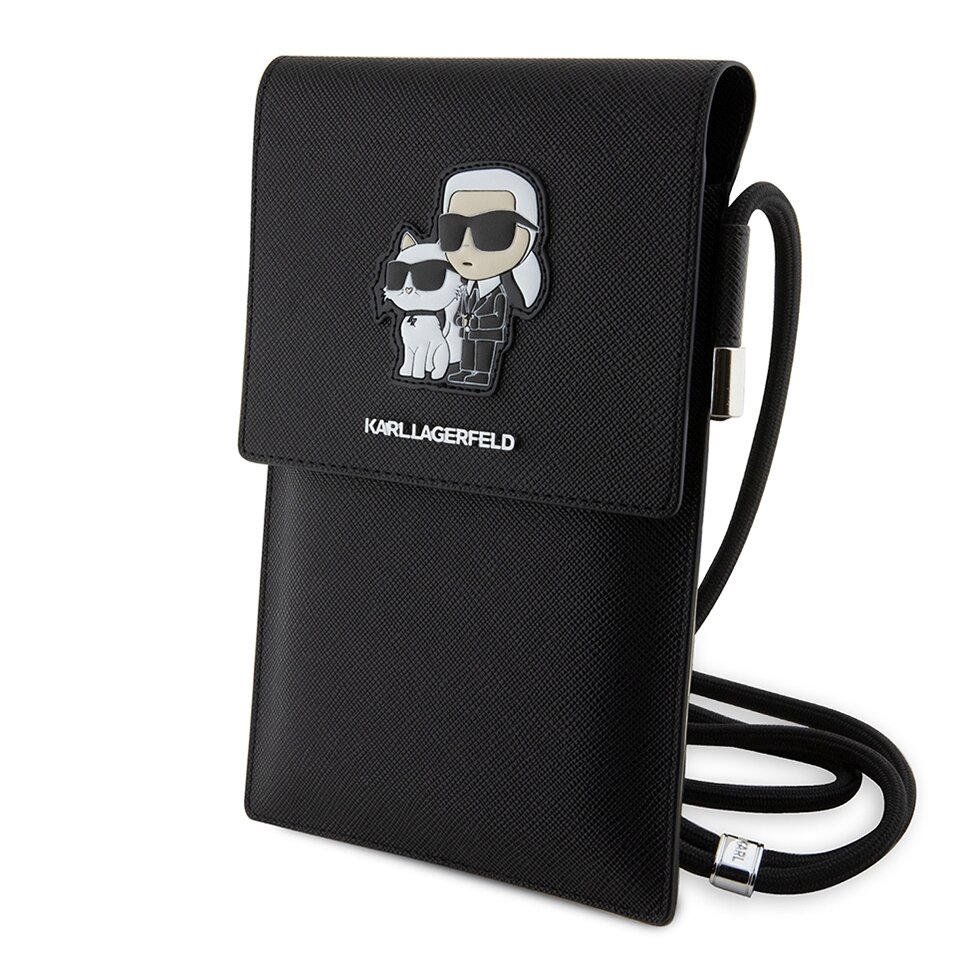 Karl Lagerfeld сумка для смартфонов до 160 х 100 мм, Saffiano NFT Karl & Choupette metal, с ремешком через плечо, черная