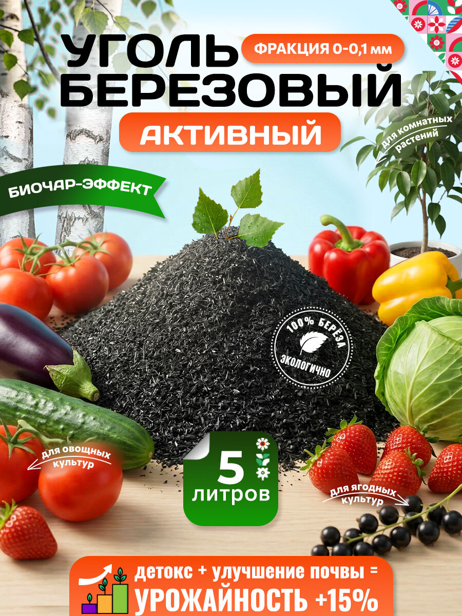 Активный биочар 5 литров для комнатных растений, почвоулучшатель для сада и огорода