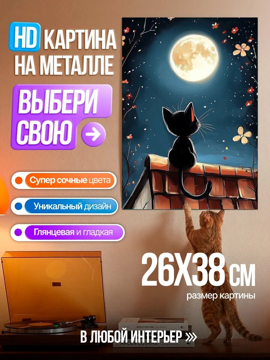 Картина на HD металле Черный кот на крыше
