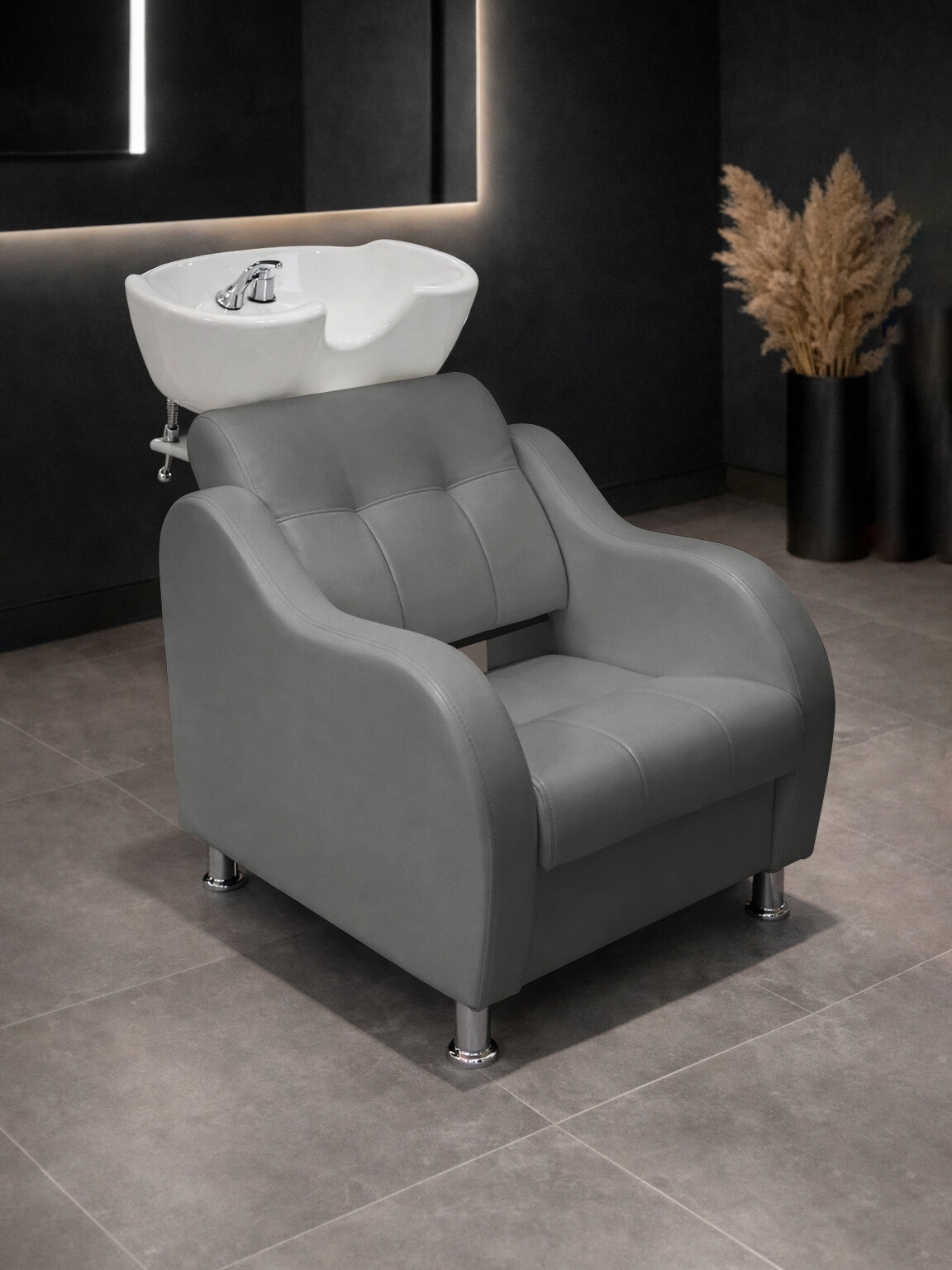 Парикмахерская мойка с креслом Волна, глубокая раковина белого цвета, Уютный мастер, светло- серый