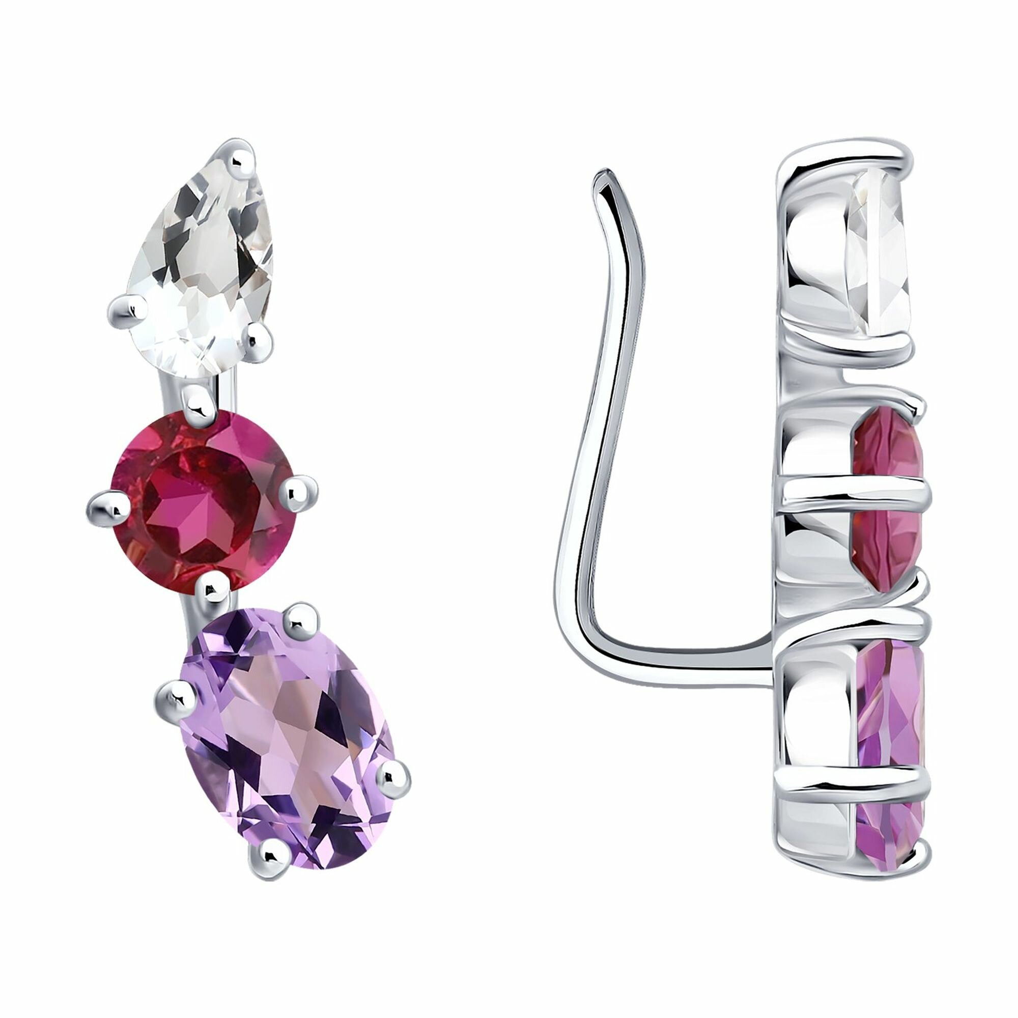 Серьги, серебро, 925 проба, родирование, горный хрусталь, топаз, аметист