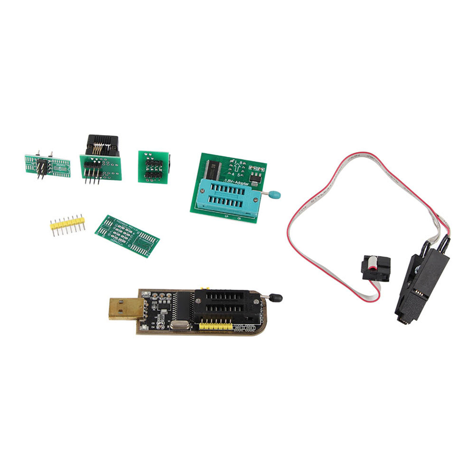 USB-программатор CH341A с тестовым зажимом SOP8 и адаптером 1,8 В, модуль преобразователя SOP8 в DIP8 для программирования EEPROM, Flash-памяти и BIOS микросхем.