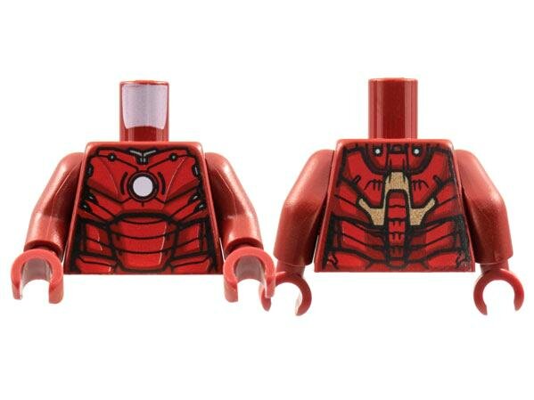 Деталь Lego 973pb4389c01 Torso Armor with White Circle Arc Reactor, Red Panels, Gold Trim on Back Pattern (Iron Man Mark 3) / Dark Red Arms / Dark Red Hands