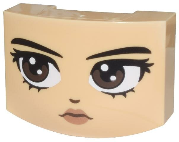Деталь Lego 5787pb002 Wedge 3 x 4 x 1 1/3 Triple Curved No Studs with Black Eyebrows, Dark Brown Eyes Looking Right, Nose and Copper Lips Pattern (Wednesday Addams Face)