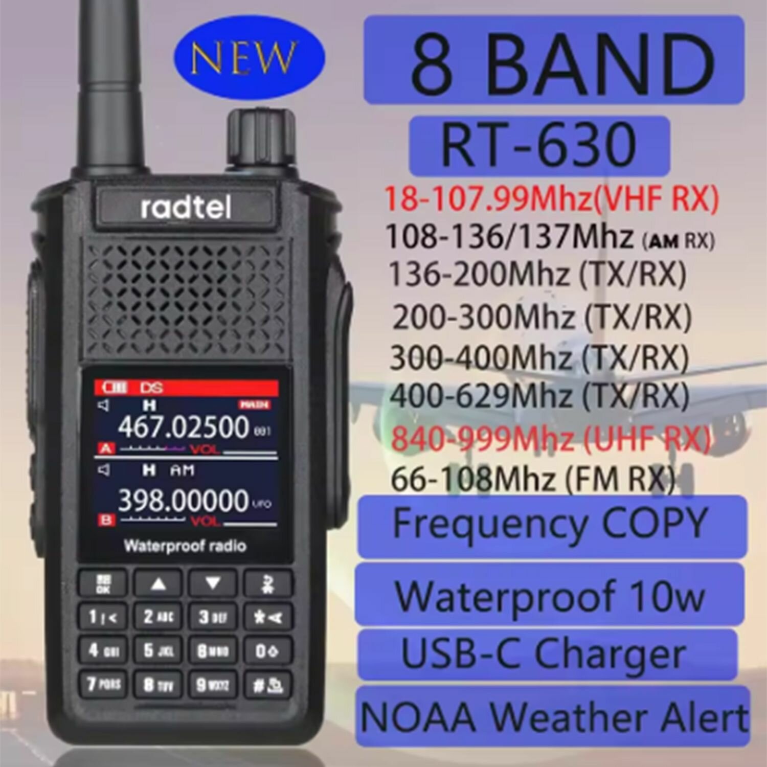 Radtel RT-630 IP67, 10Вт, полновещевой, авиационный диапазон, USB-C, аккумулятор 2600 мАч