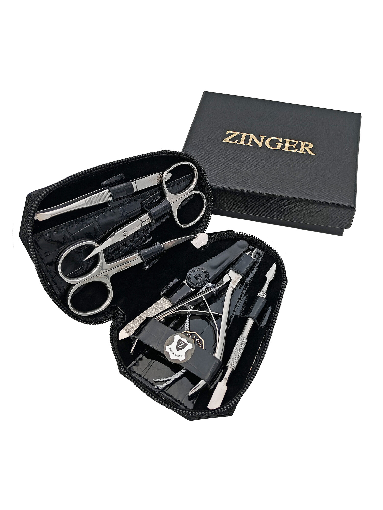 Маникюрный набор Zinger MS-7103, 6 предметов, медицинская сталь, натуральная кожа, серебристый/черный