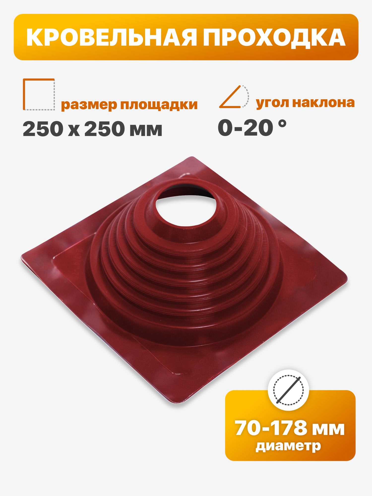 Уплотнитель кровли (кровельная проходка) №36 прямой 70-178мм 250х250мм красный