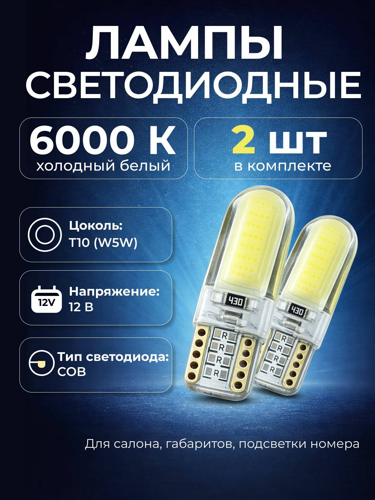 Лампы автомобильные LED W5W, T10, 12V 6000K, 2шт в комплекте