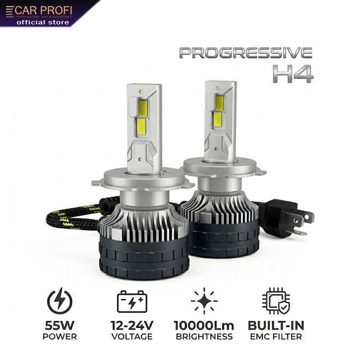 Светодиодные лампы CarProfi PROGRESSIVE H4 (H19) Hi/Low SANAN 3570, 55W, 12-24V, 5100K, FAN, 10000Lm (к-кт 2шт)