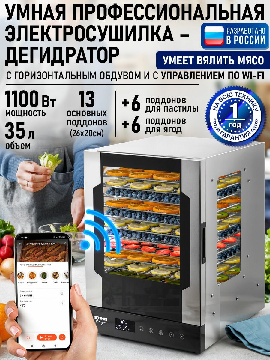 Дегидратор сушилка для овощей электросушилка STINGRAY профессиональная WI FI с горизонтальным обдувом, 13 поддонов + 6 для ягод + 6 для пастилы, черный/сталь