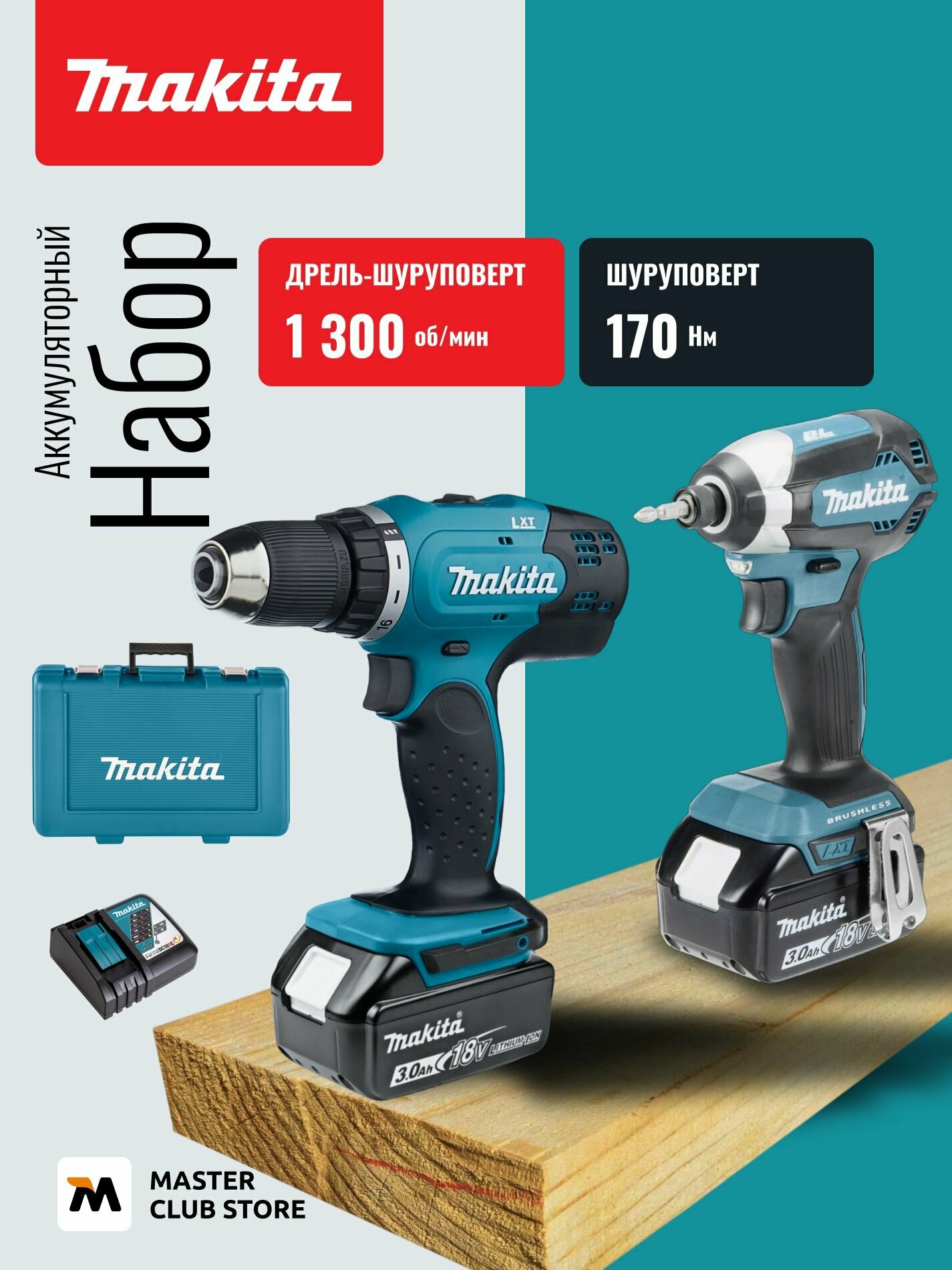 Аккумуляторный набор Makita, 18 В: дрель-шуруповерт DDF453 + шуруповерт DTD154, с АКБ 3 Ач и ЗУ, в кейсе