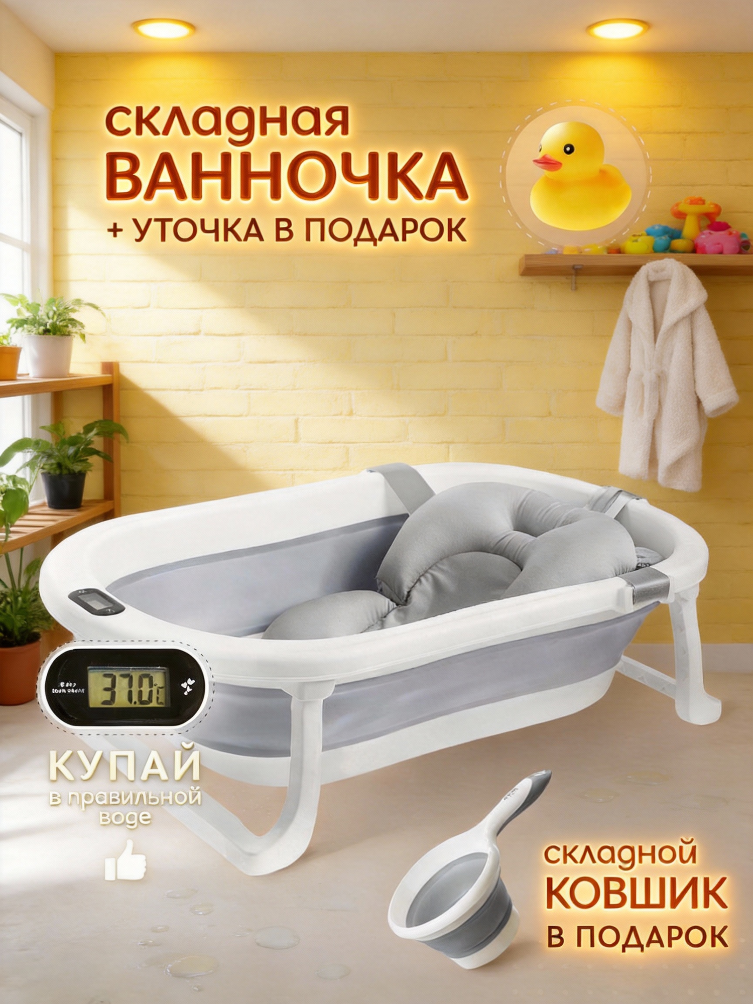 Складная ванночка для новорожденных, комплект с удобным гамаком и встроенным термометром для воды, матрасик-горка и нескользящие ножки для безопасного купания