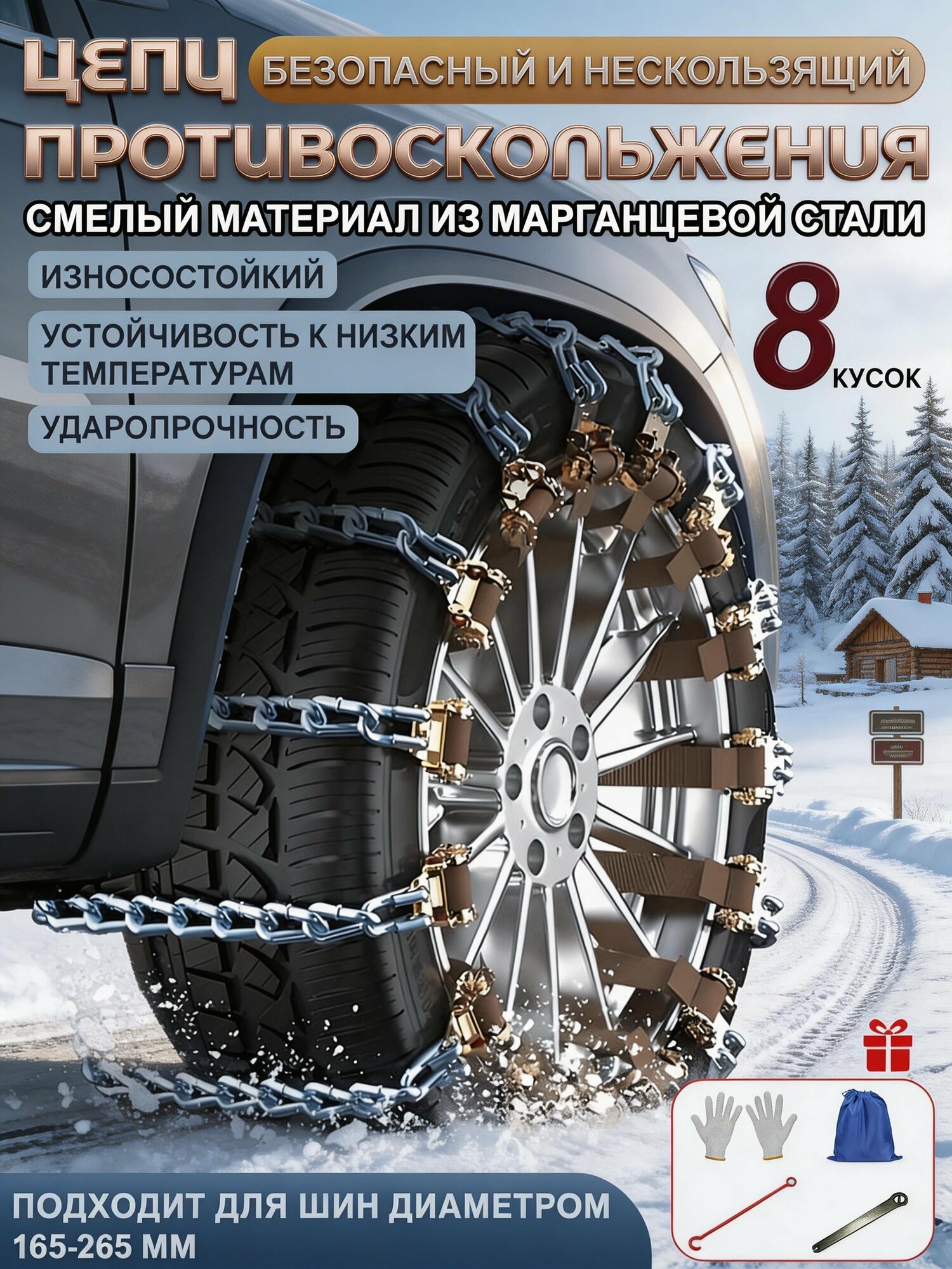 Цепи противоскольжения для колес 165–265 мм, для ободов 13–18 дюймов — универсальные зимние цепи для снега и льда