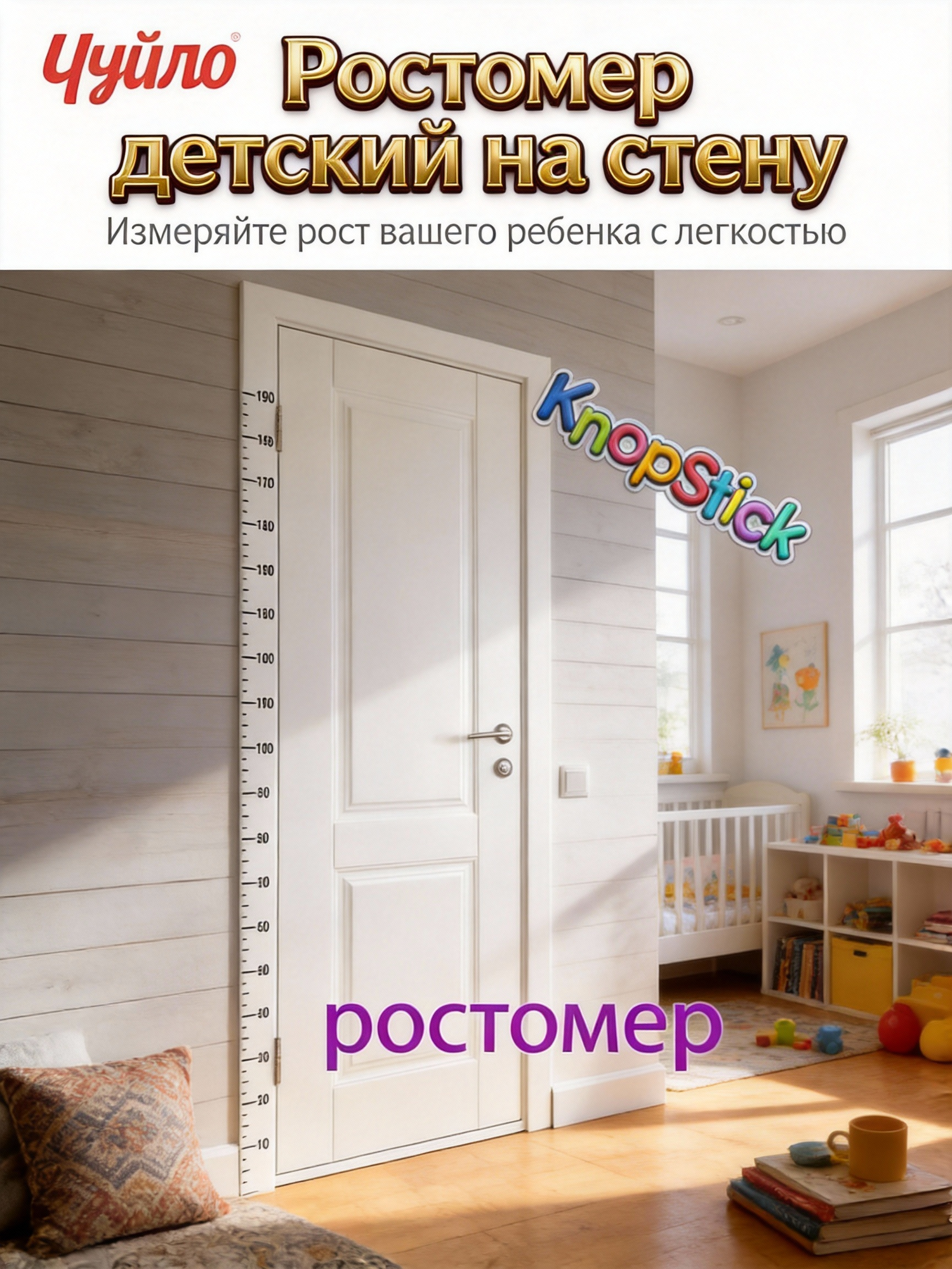Ростомер 190 см для стены, двери и мебели, цвет черный без рисунка для детской комнаты