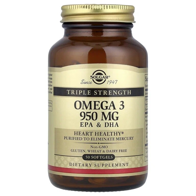 Solgar Omega-3, омега-3, ЭПК и ДГК, тройная сила, 950 мг, 50 капсул из США
