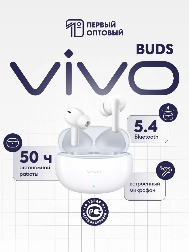Vivo Наушники беспроводные с микрофоном, Bluetooth, USB Type-C, белый