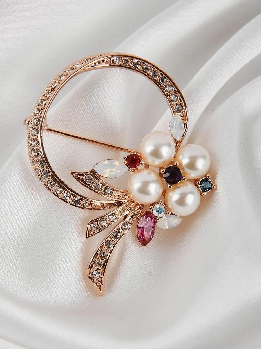 Брошь, жемчуг имитация, кристалл