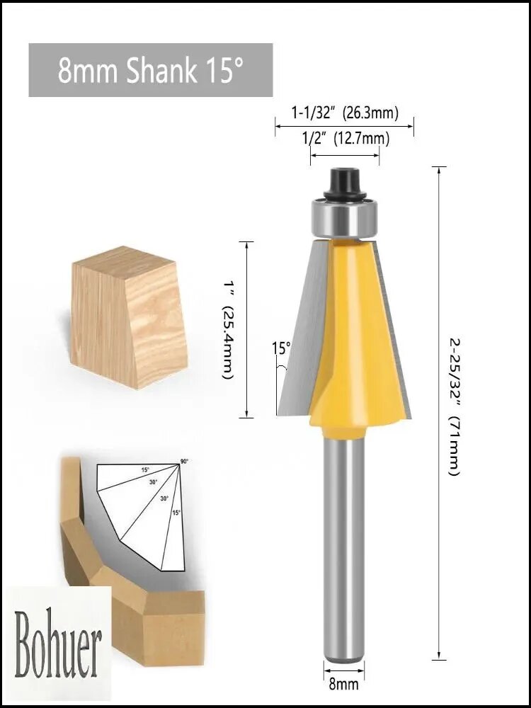 Фреза по дереву кромочная конусная 15 градусов 26.3 x 25.4 мм с нижним подшипником хвостовика 8 мм